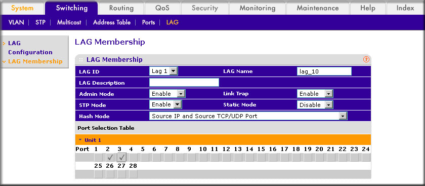 How do I add ports to the Link Aggregation Groups (LAGs) using the web interface on my managed ...
